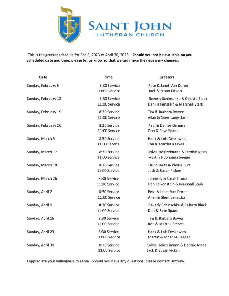 Sunday Servant Schedules - St. John Lutheran Church